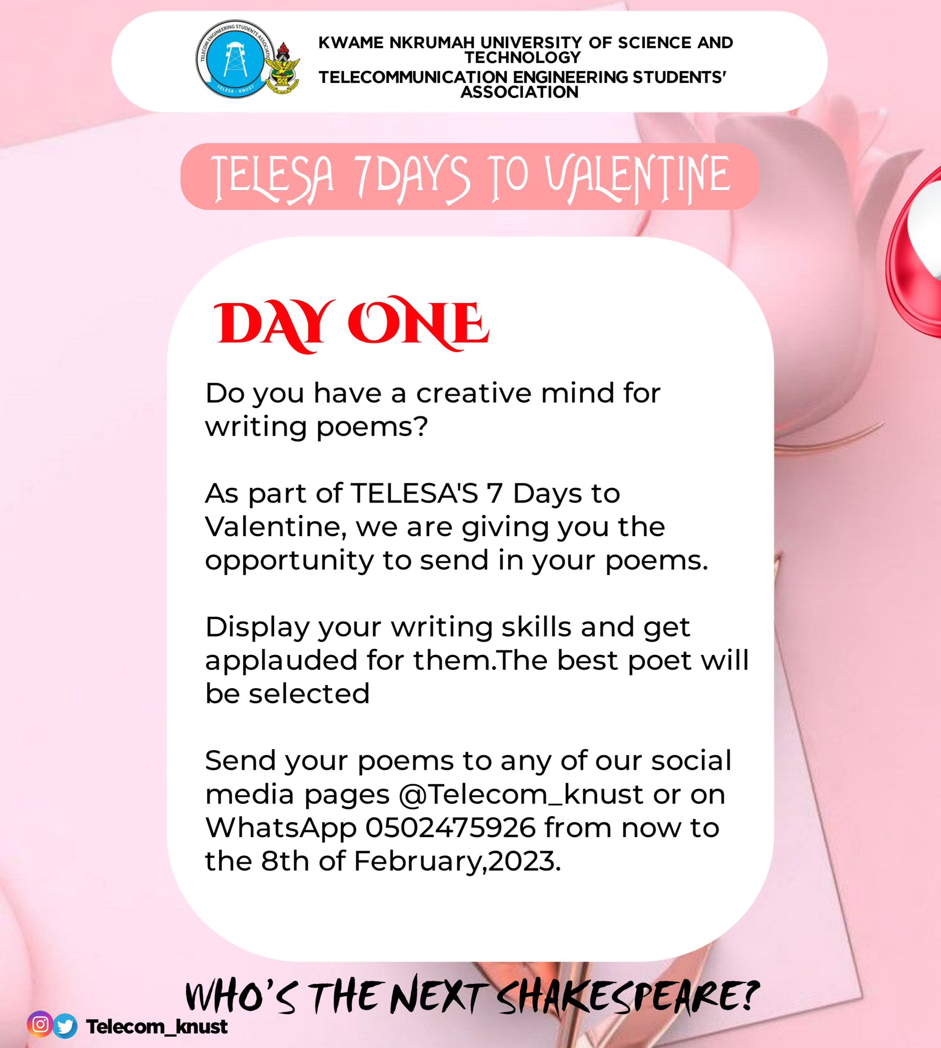 Telecom Engineering Students Association - KNUST on Twitter: "TELESA 7DAYS TO VALENTINE HAS JUST ...