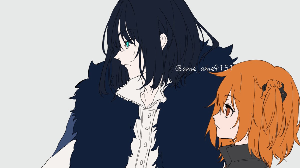 fujimaru ritsuka (female) ,oberon (fate) 1girl 1boy orange hair shirt ...