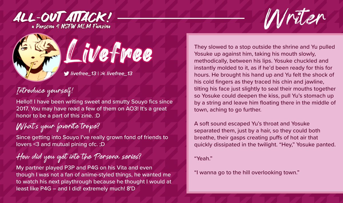All-Out Attack!: A Persona 4 NSFW MLM Zine on Twitter: "📺 CONTRIBUTOR SPOTLIGHT 📺 Introducing ...