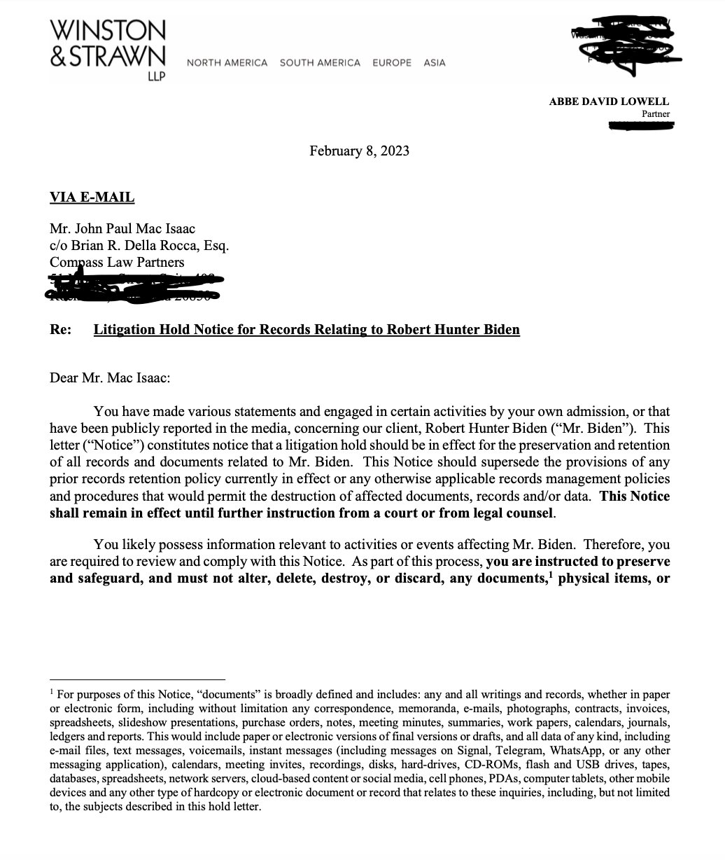 Matt Viser on Twitter: "The letters from Hunter Biden's lawyers request they retain all records ...