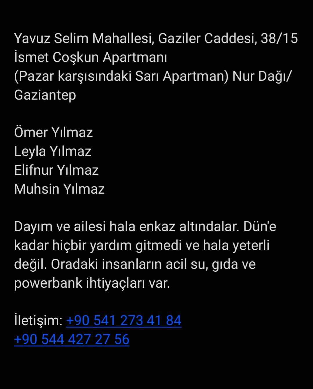 İlayda Özkurt on Twitter: "Yavuz Selim Mahallesi, Gaziler Caddesi, 38/15 İsmet Coşkun Apartmanı ...