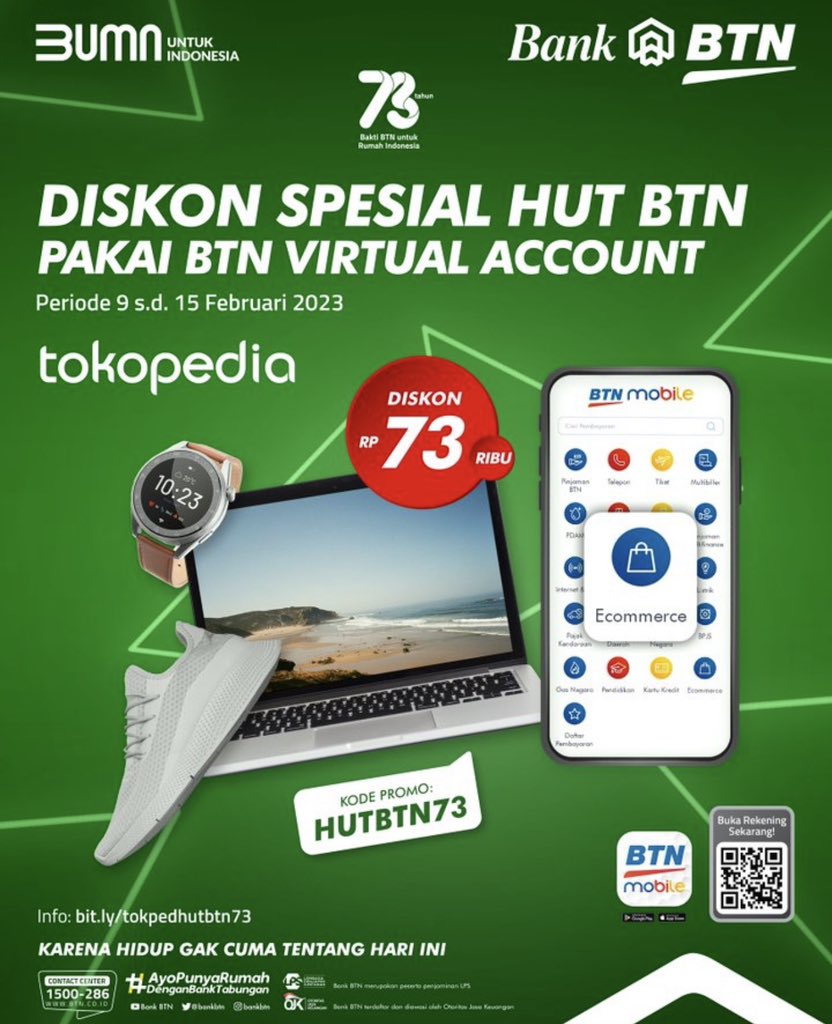 A. Widy K on Twitter: "Diskon spesial HUT ke-73 Bank BTN berlaku hingga 15 Februari 2023. Jangan ...