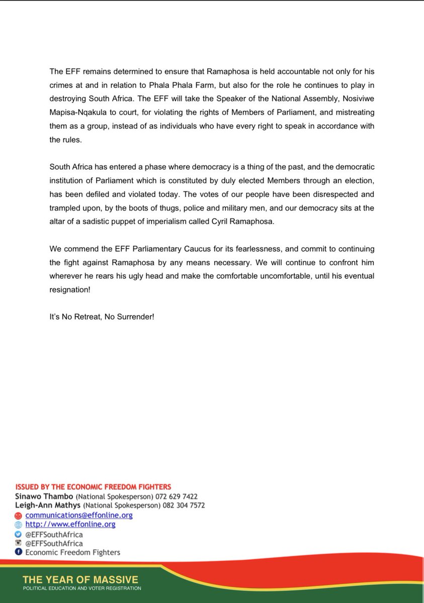 EFF Statement On The Violence In Parliament And The Parliamentary ...