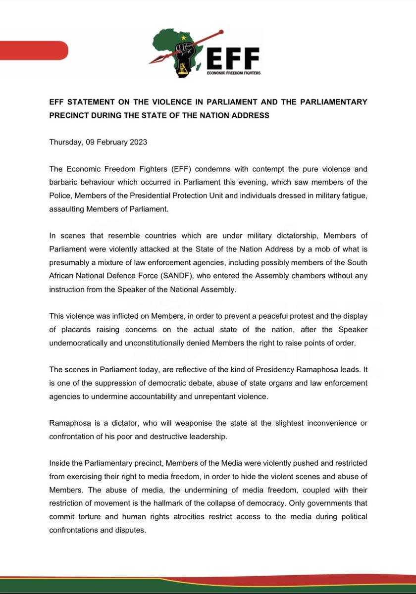 EFF Statement On The Violence In Parliament And The Parliamentary ...