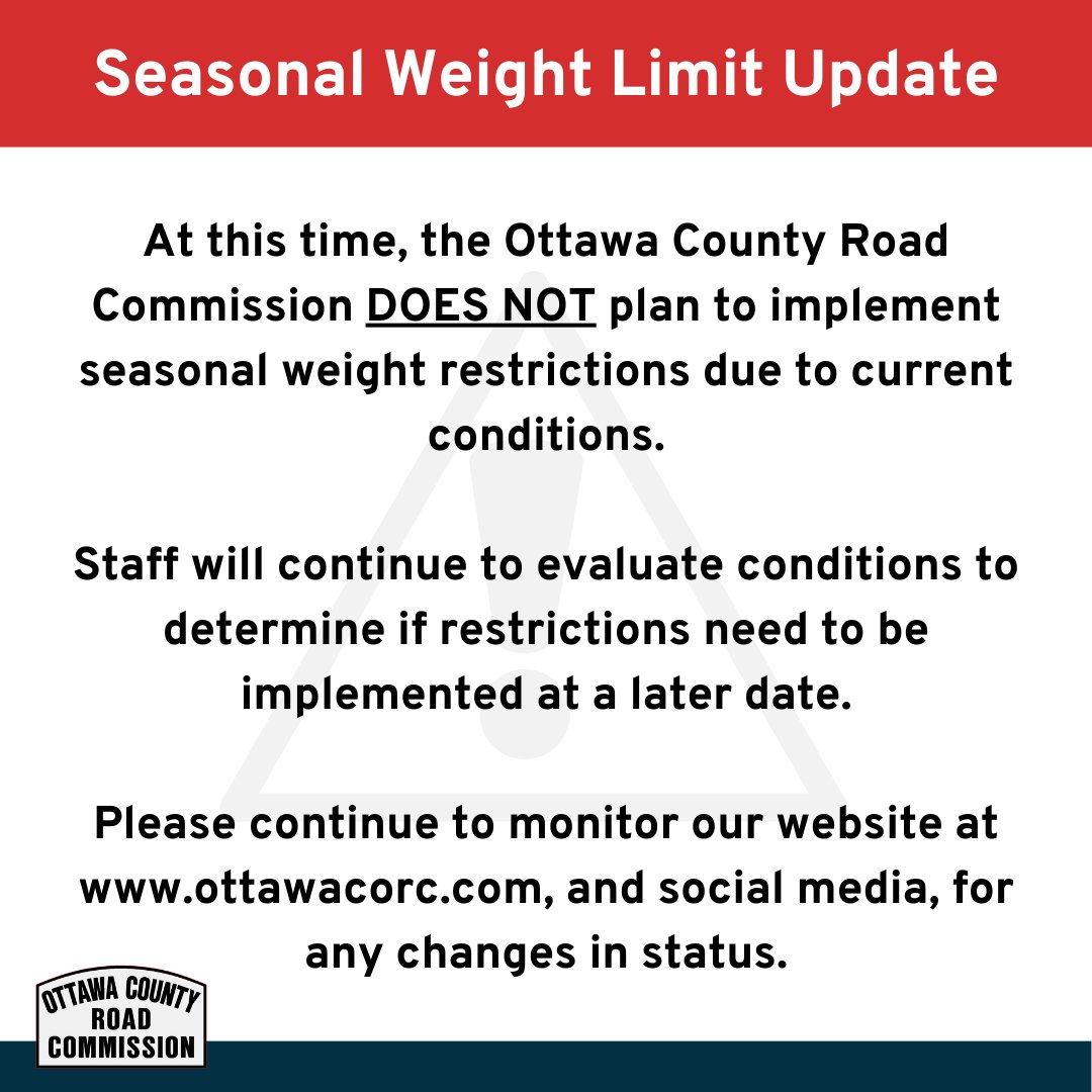 Ottawa County Road Commission on Twitter: "As of now, the OCRC does not plan to implement ...