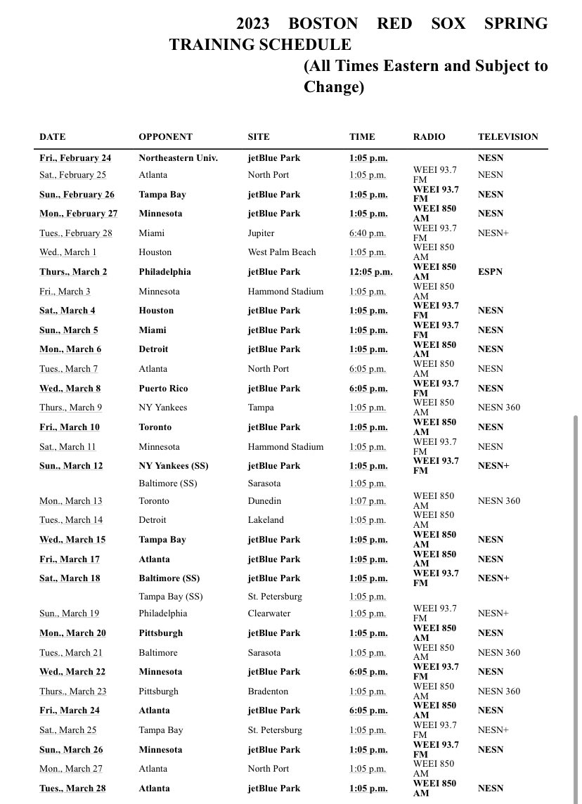 Jen McCaffrey on Twitter: "Here’s the Red Sox spring training broadcast schedule for games on ...