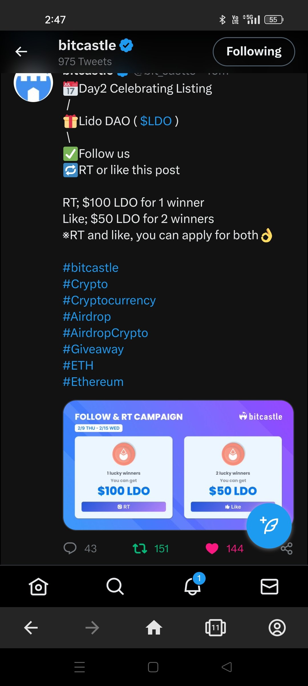 bitcastle on Twitter: "📅Day2 Celebrating Listing ／ 🎁Lido DAO ( $LDO ) \ Follow us 🔁RT or like ...