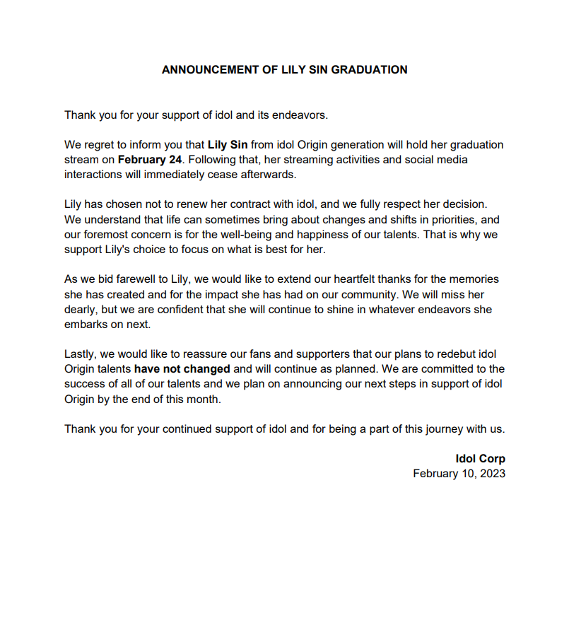 idol on Twitter: "Announcement of Lily Sin Graduation https://t.co/33OX6Pe5JF" / Twitter