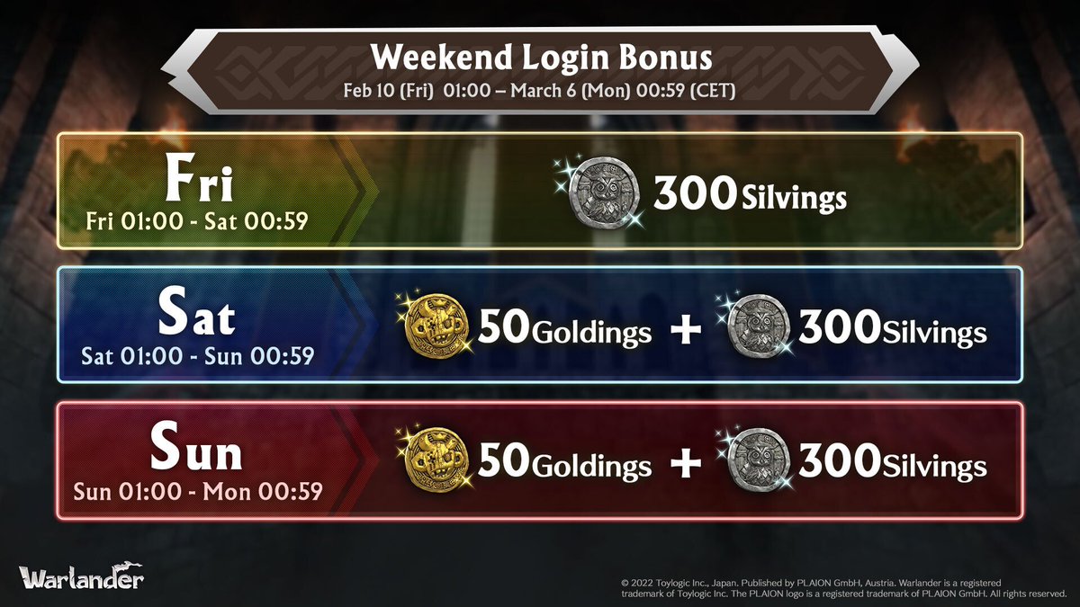 Warlander on Twitter: "The weekend Login Bonus Starts today! Friday, February 10 - Monday, March ...