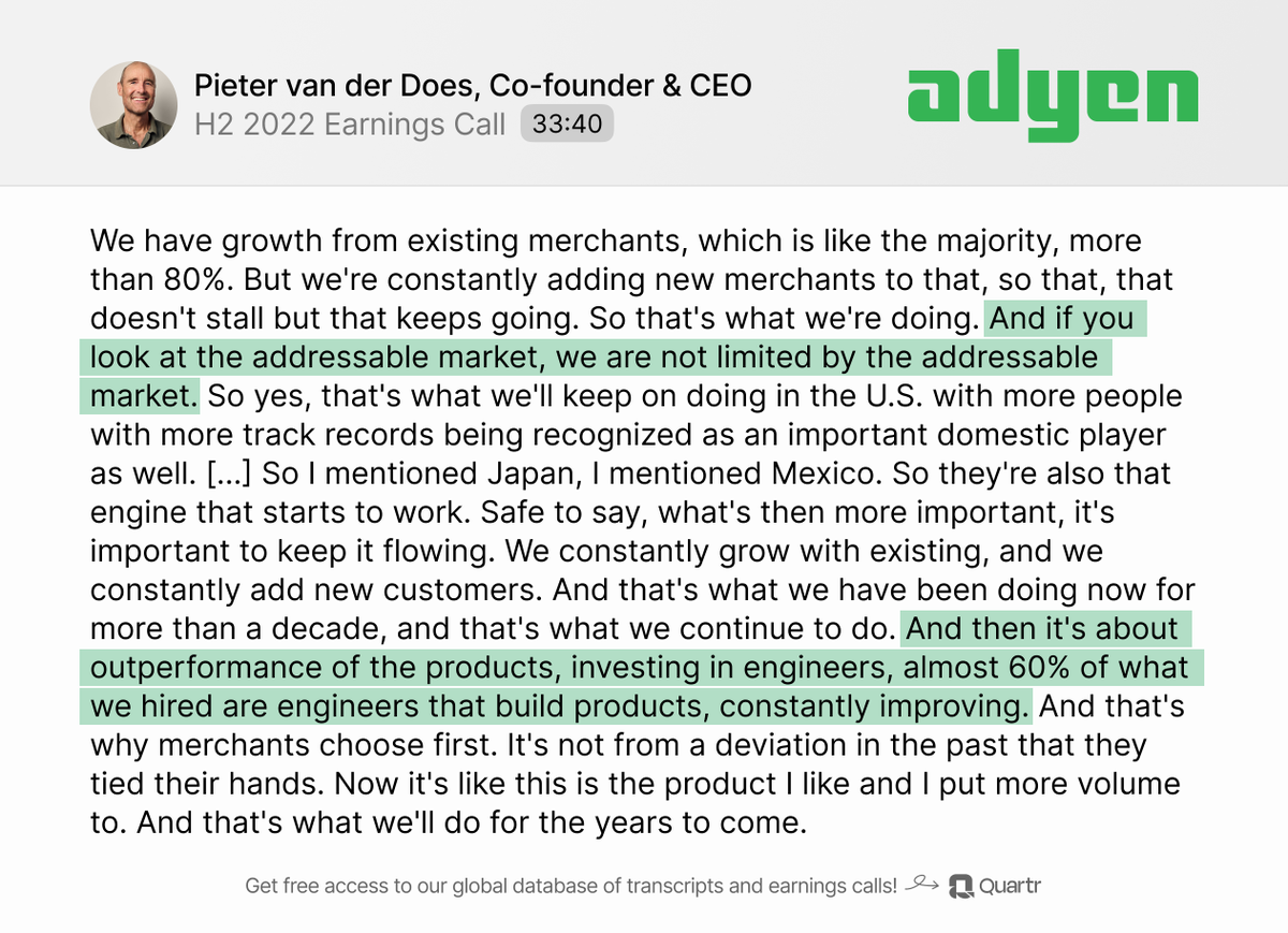 Quartr on Twitter: "8. According to the CEO, $ADYEN is not limited by TAM, and almost 60% of ...