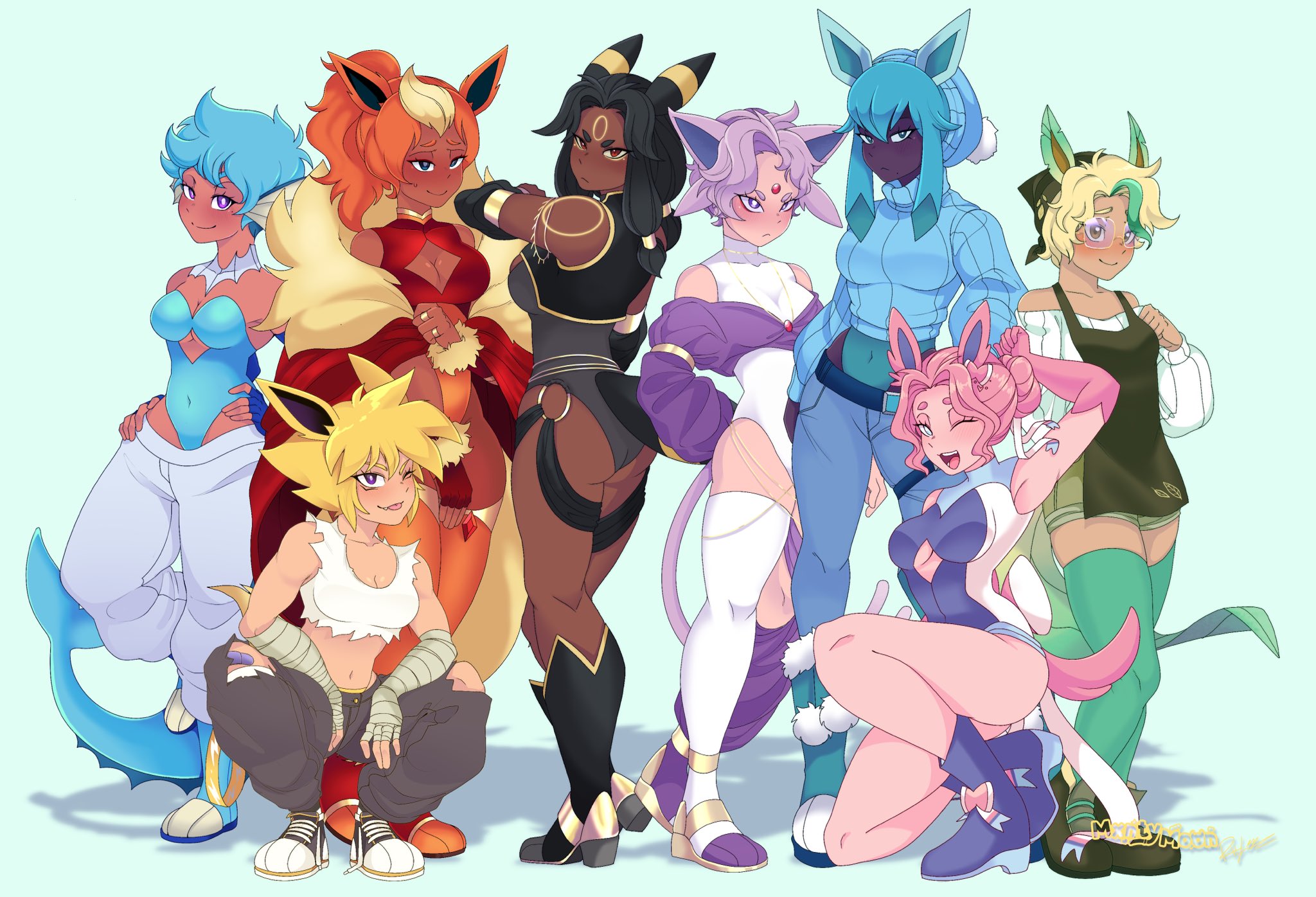 moon - comms open (3/5) on Twitter: "All done! Here’s the whole eeveelution gijinka squad!💕 ...