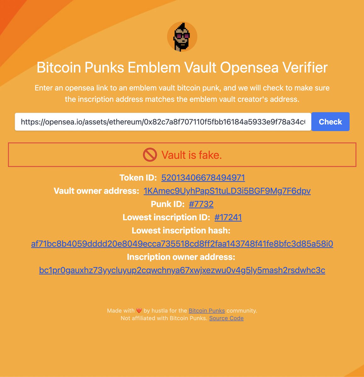 Emblem Vault on Twitter: "🚨🚨Use this community tool to verify your vaulted @Bitcoin_Punks_ 🚨🚨"