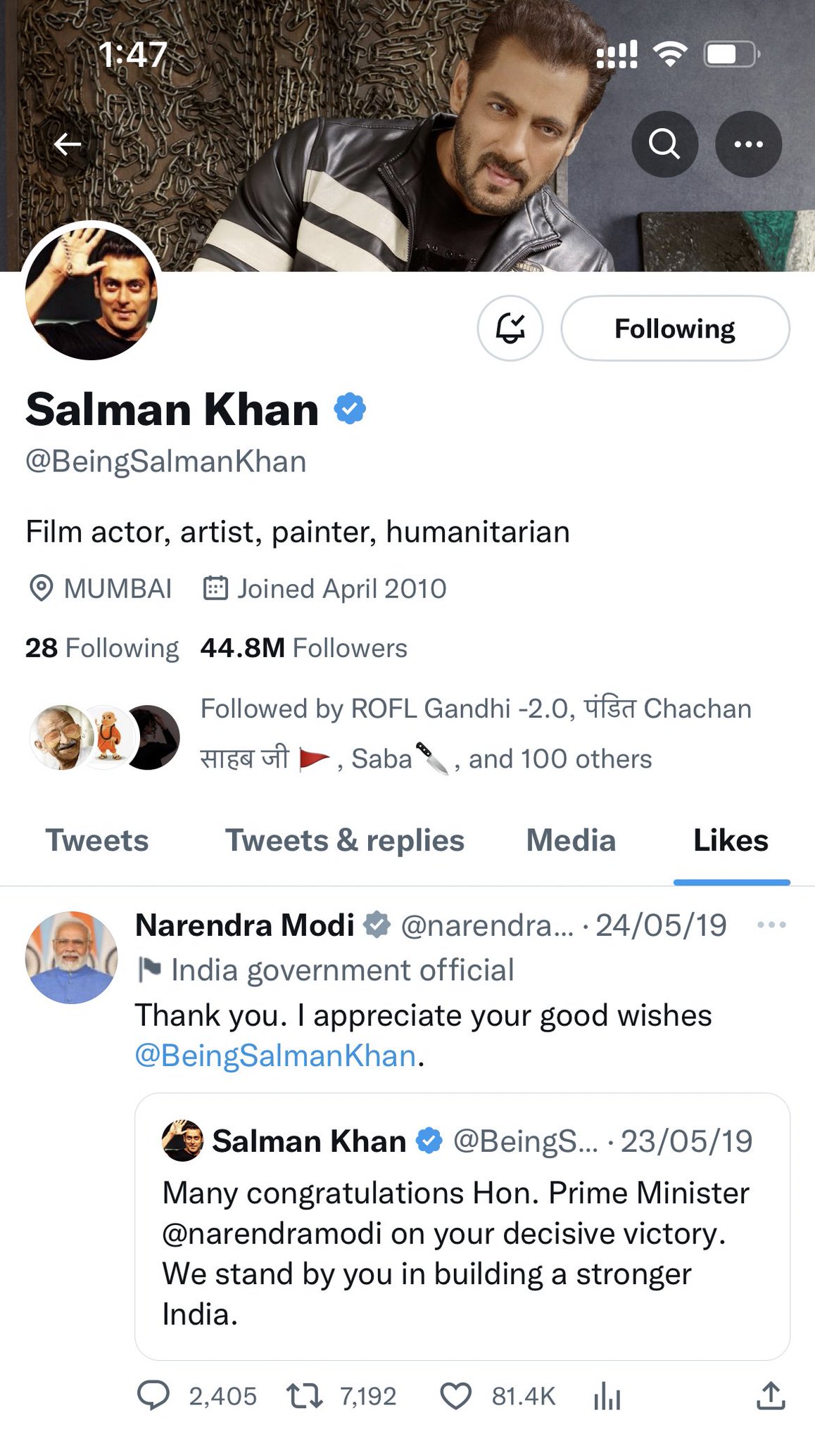 Dr Nimo Yadav on Twitter: "Because Salman khan is a bhakt, salman has liked only tweet in 13 ...