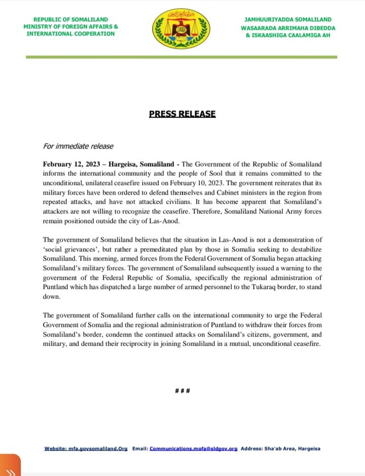 MFA Somaliland on Twitter: "Immediate Press Release https://t.co ...