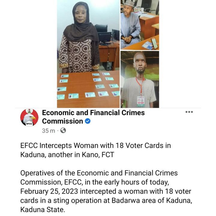 preach love ️ on Twitter: "EFCC Intercepts Woman with 18 Voter Cards in Kaduna, another in Kano ...