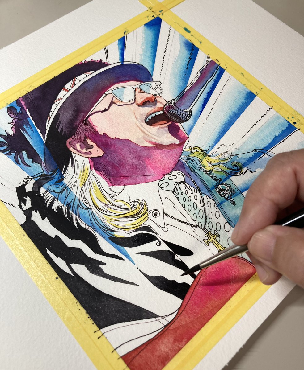 「アクリルのインクをつけペンで主線を描き、透明水彩で着色。今回は周りをアクリルガッ」|ganpukuのイラスト