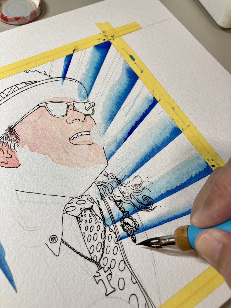 「アクリルのインクをつけペンで主線を描き、透明水彩で着色。今回は周りをアクリルガッ」|ganpukuのイラスト