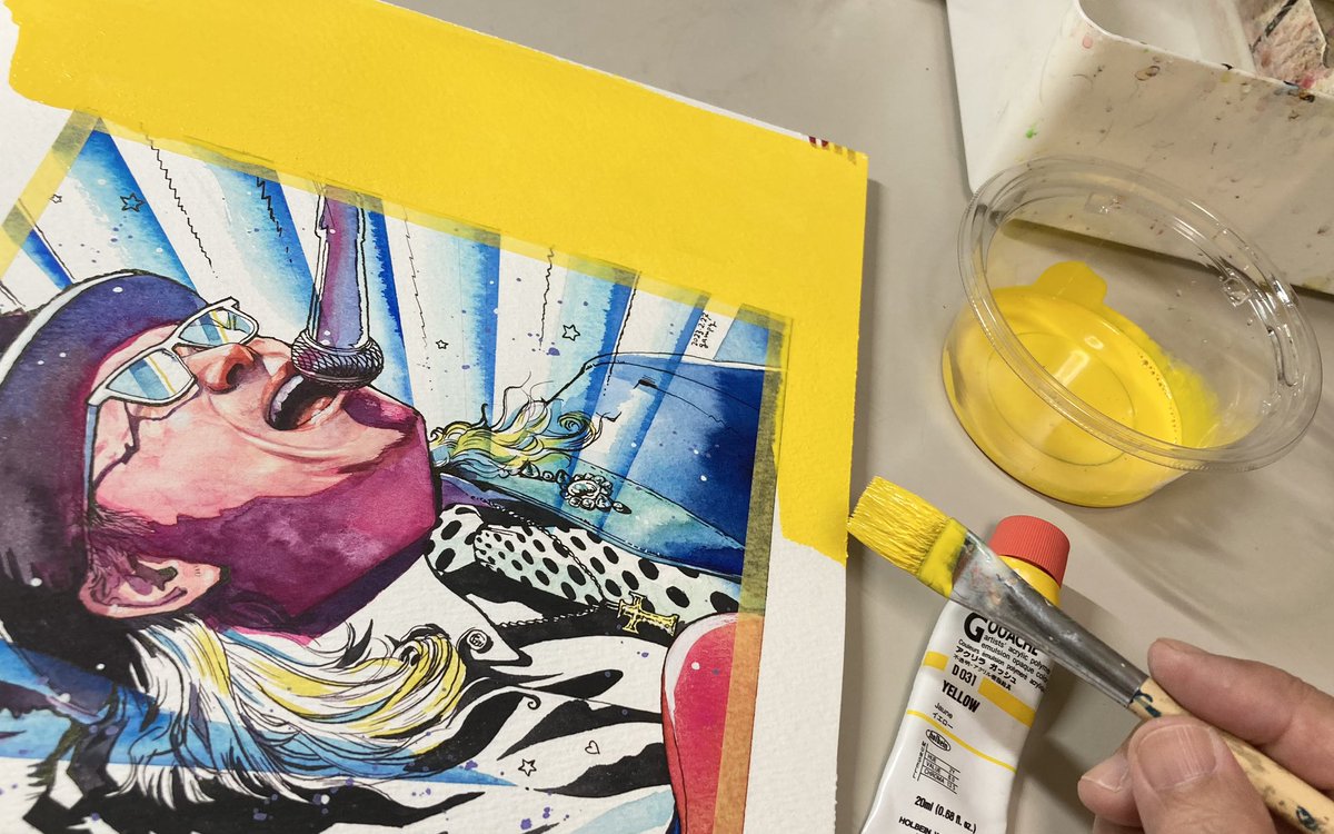 「アクリルのインクをつけペンで主線を描き、透明水彩で着色。今回は周りをアクリルガッ」|ganpukuのイラスト