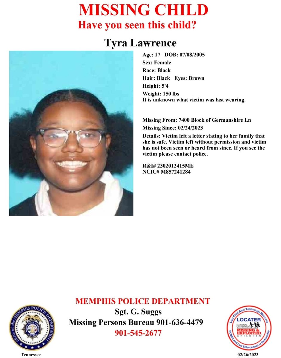 Memphis Police Dept On Twitter Have You Seen Tyra Lawrence Report