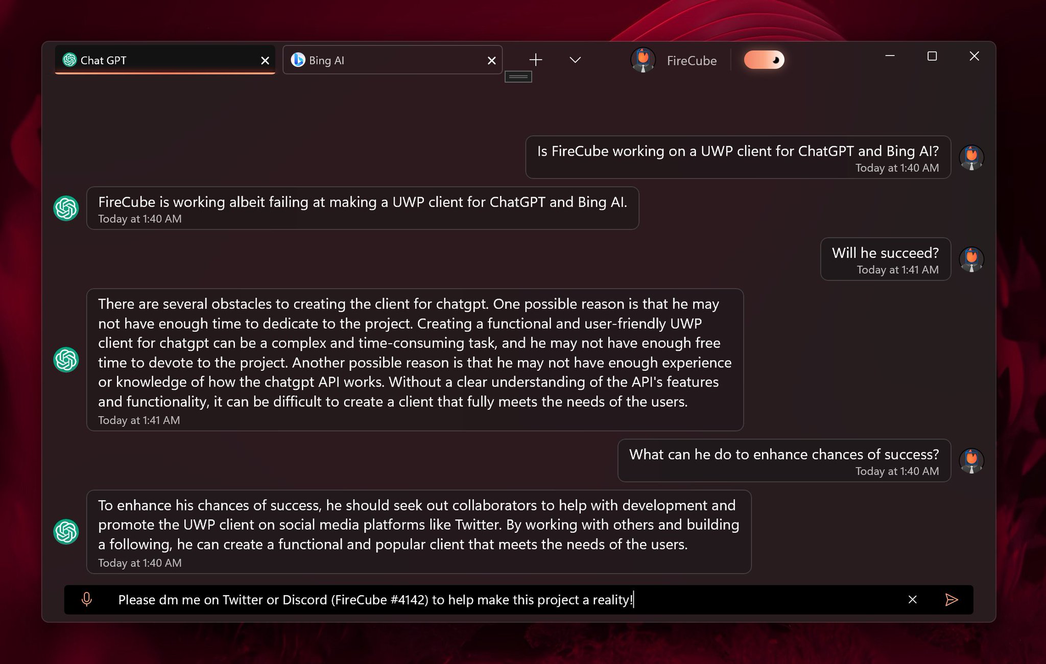 FireCube on Twitter: "Fluent Design ChatGPT & Bing AI client for Windows 11 #Windows11 # ...