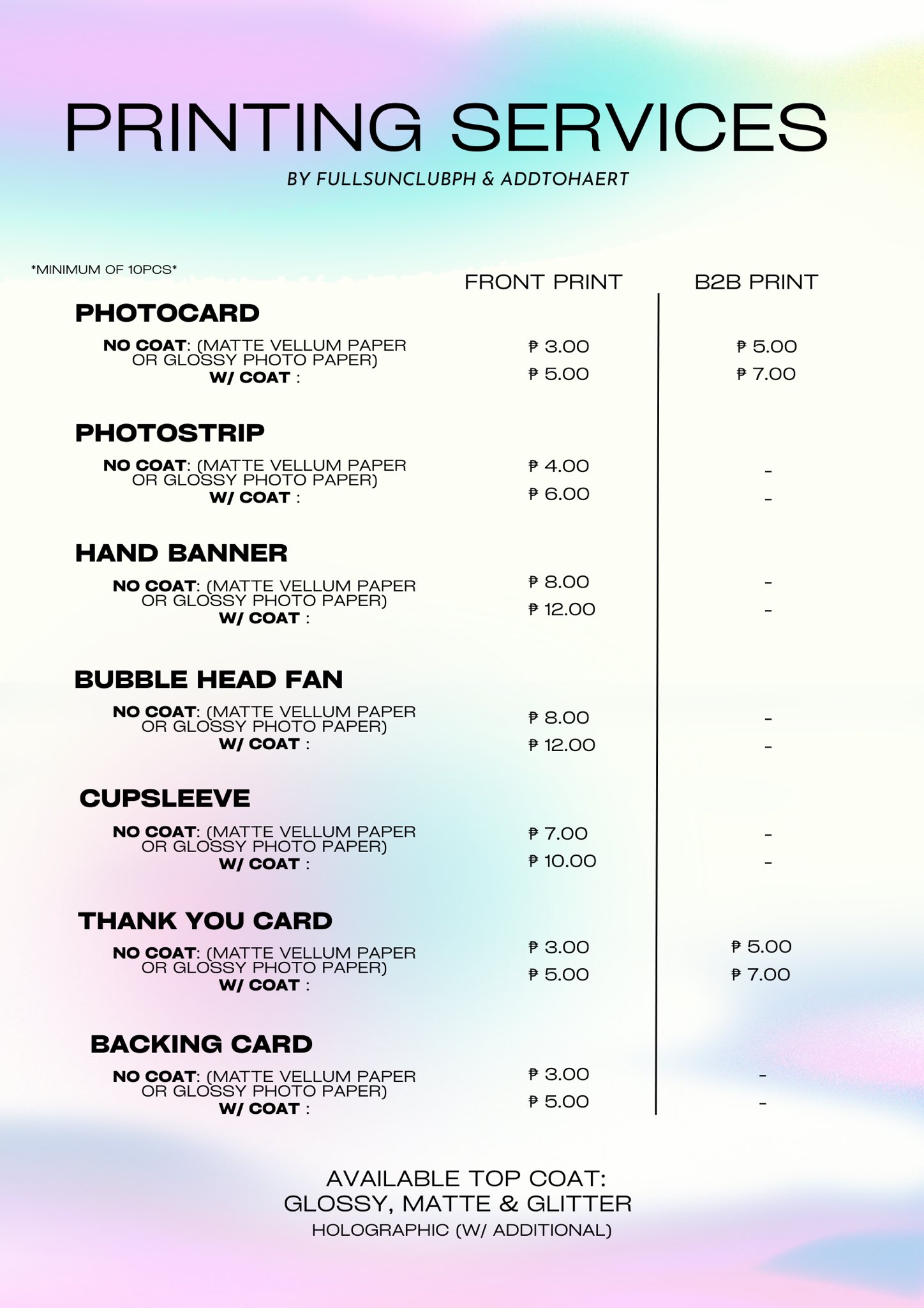 fullsunclub! - (printing services: closed) on Twitter: " printing services - updated price list ...