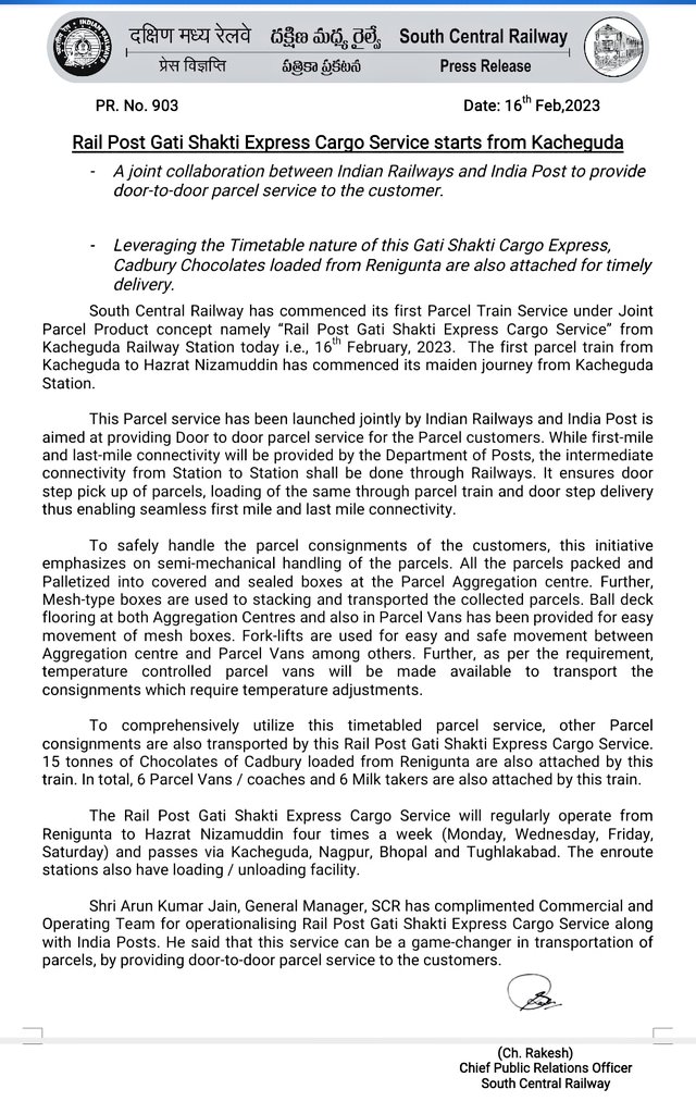 DRM Guntakal on Twitter: "RT @SCRailwayIndia: SCR commenced its first Parcel Train Service under ...