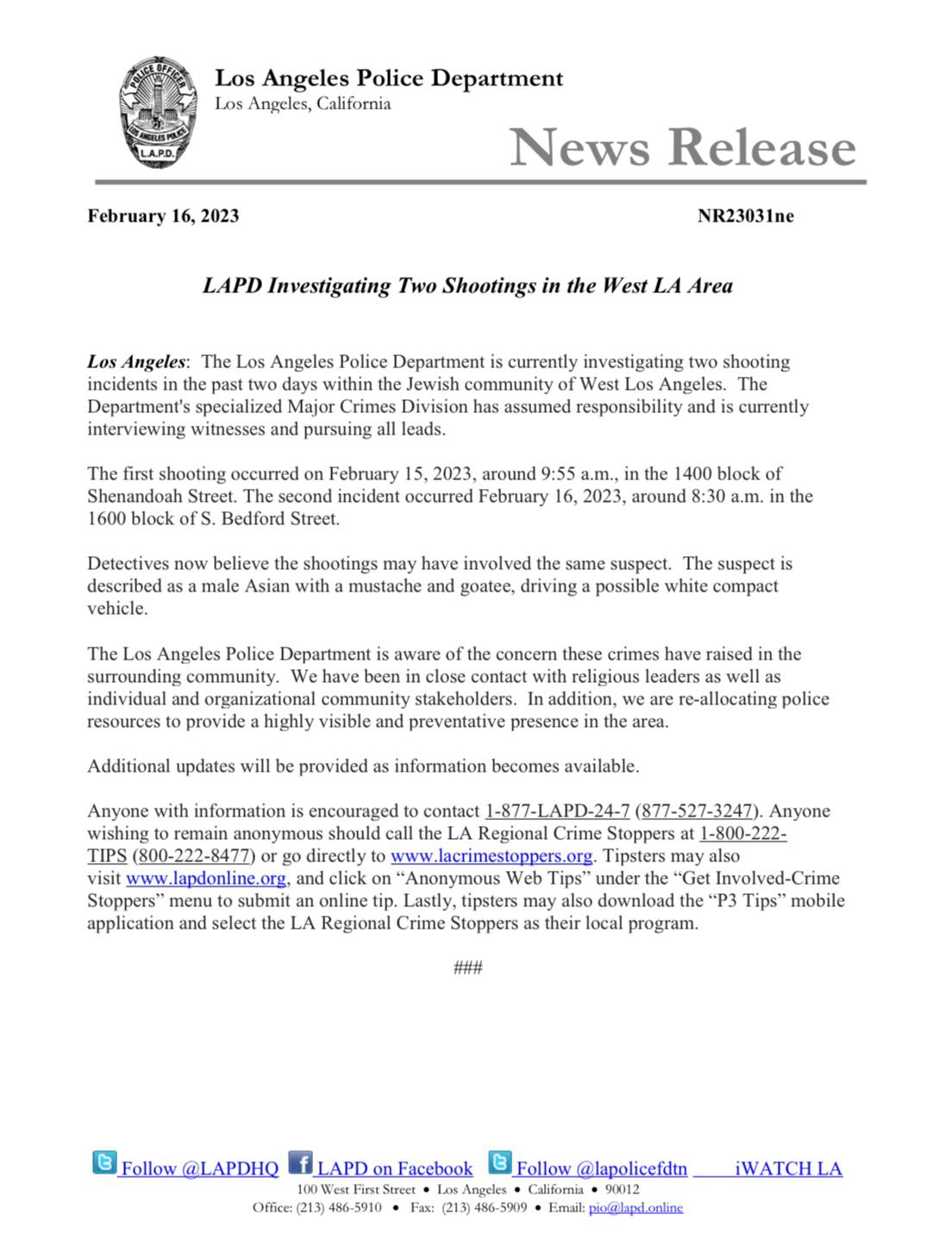 LAPD Arrest Suspect Wanted For Shooting Two Jews in Pico-Robertson Area ...