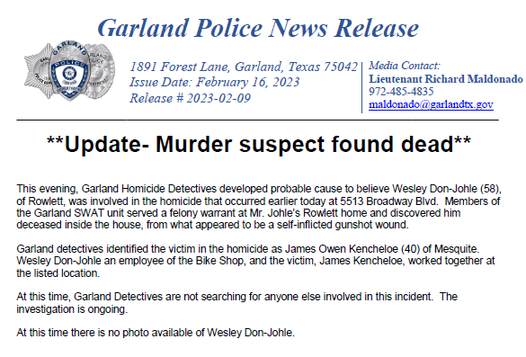 Garland Police Pio On Twitter Update Murder Suspect Found Dead