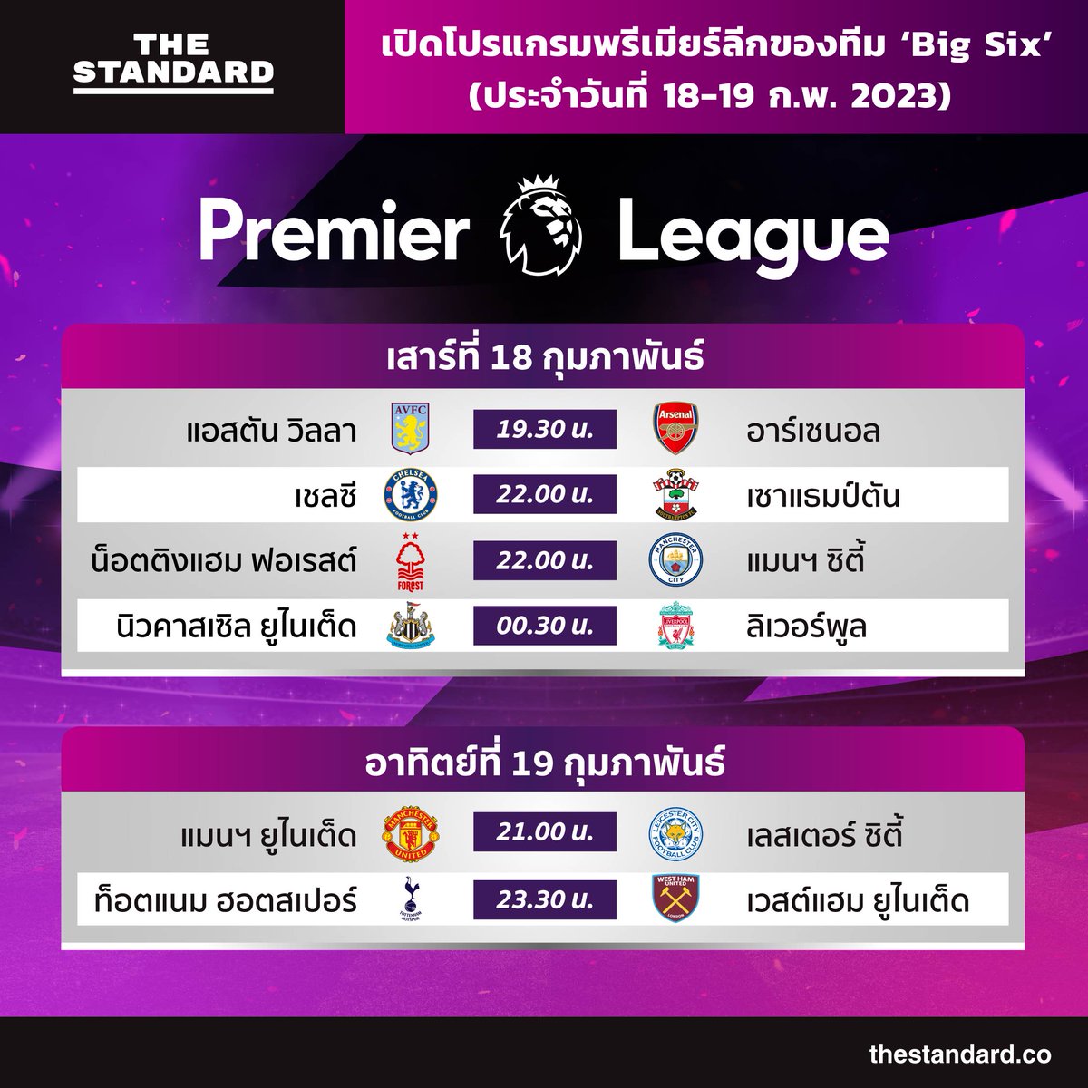 THE STANDARD on Twitter: "เปิดโปรแกรมพรีเมียร์ลีกของทีม ‘Big Six’ (ประจำวันที่ 18-19 ก.พ. 2023 ...