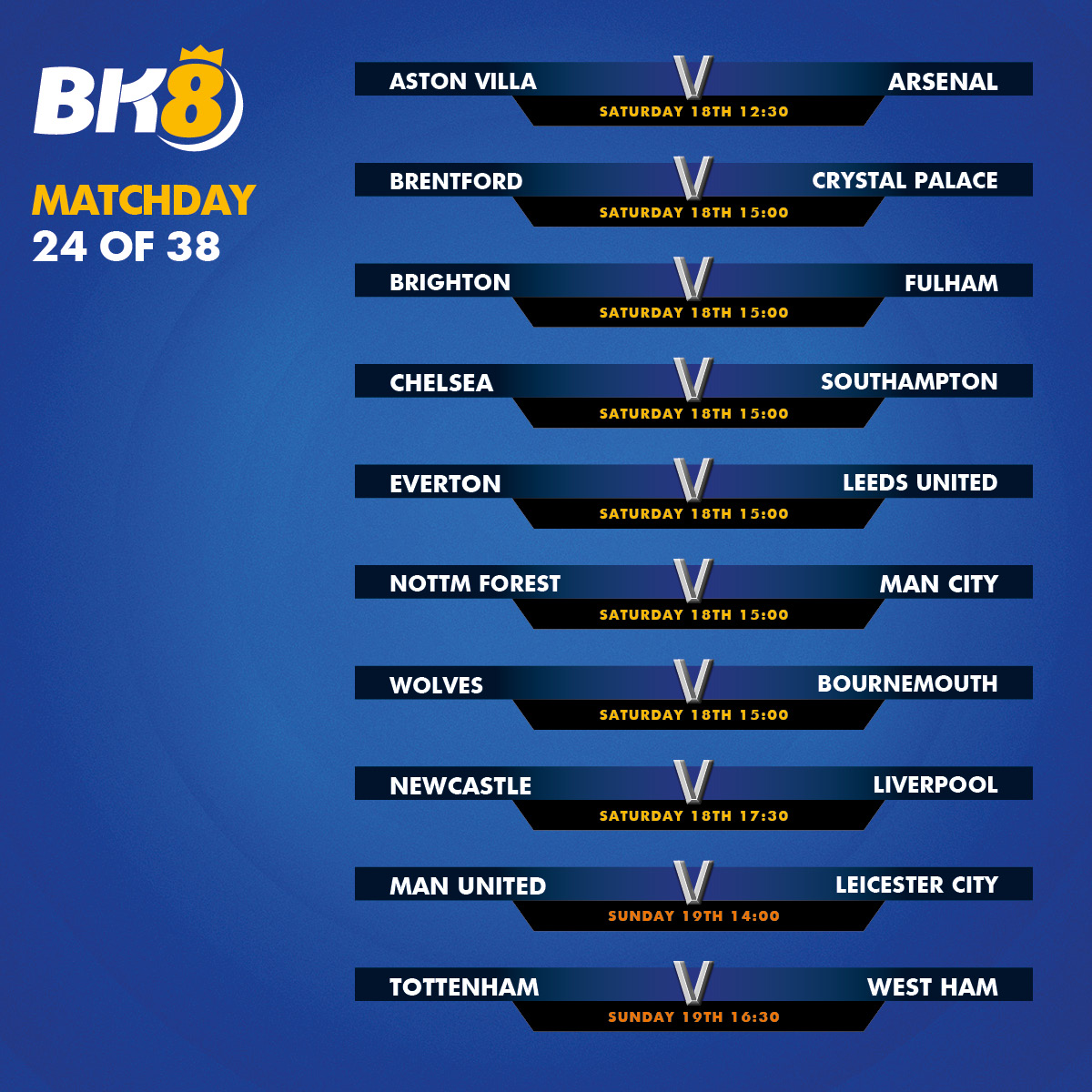 @BK8 on Twitter: "Premier League game week 24 is here, and every team will be fighting for 3 ...