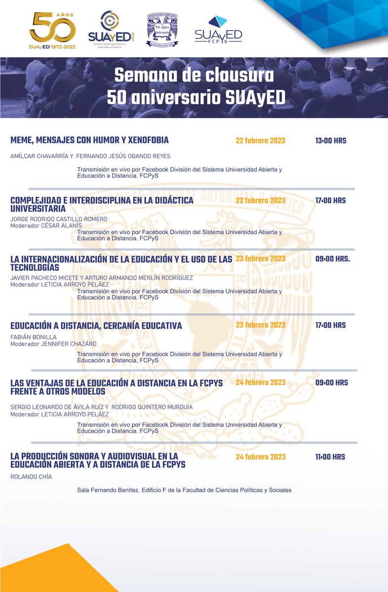 FCPyS-UNAM on Twitter: "🎉 @SUAYED_FCPYS te invita a asistir a la Semana de Clausura por su 50 ...