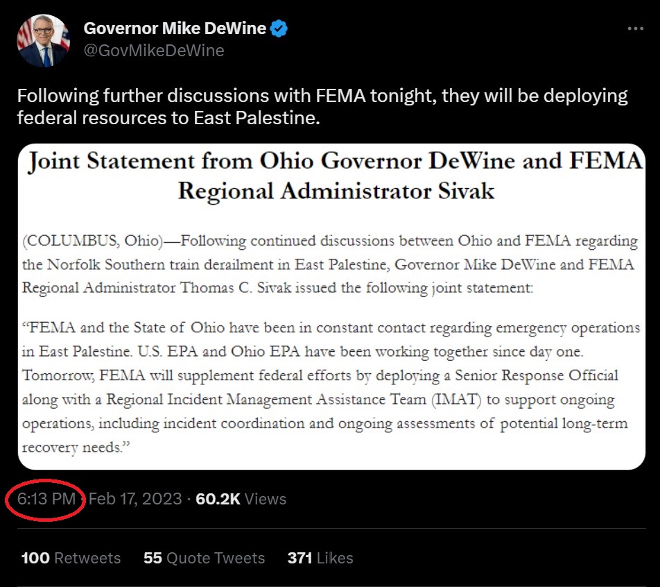 Just Moments After Trump Announces Trip to East Palestine, FEMA ...