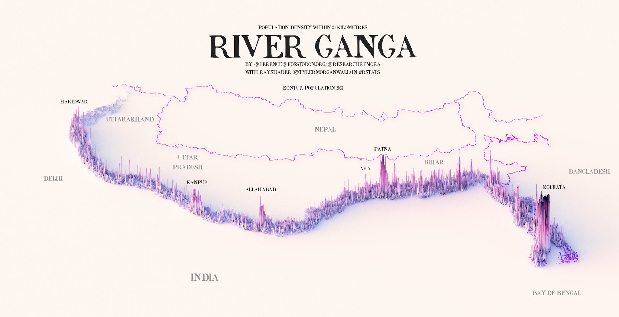 terence fosstodon on Twitter: "A map showing the population density within 20km of the River ...