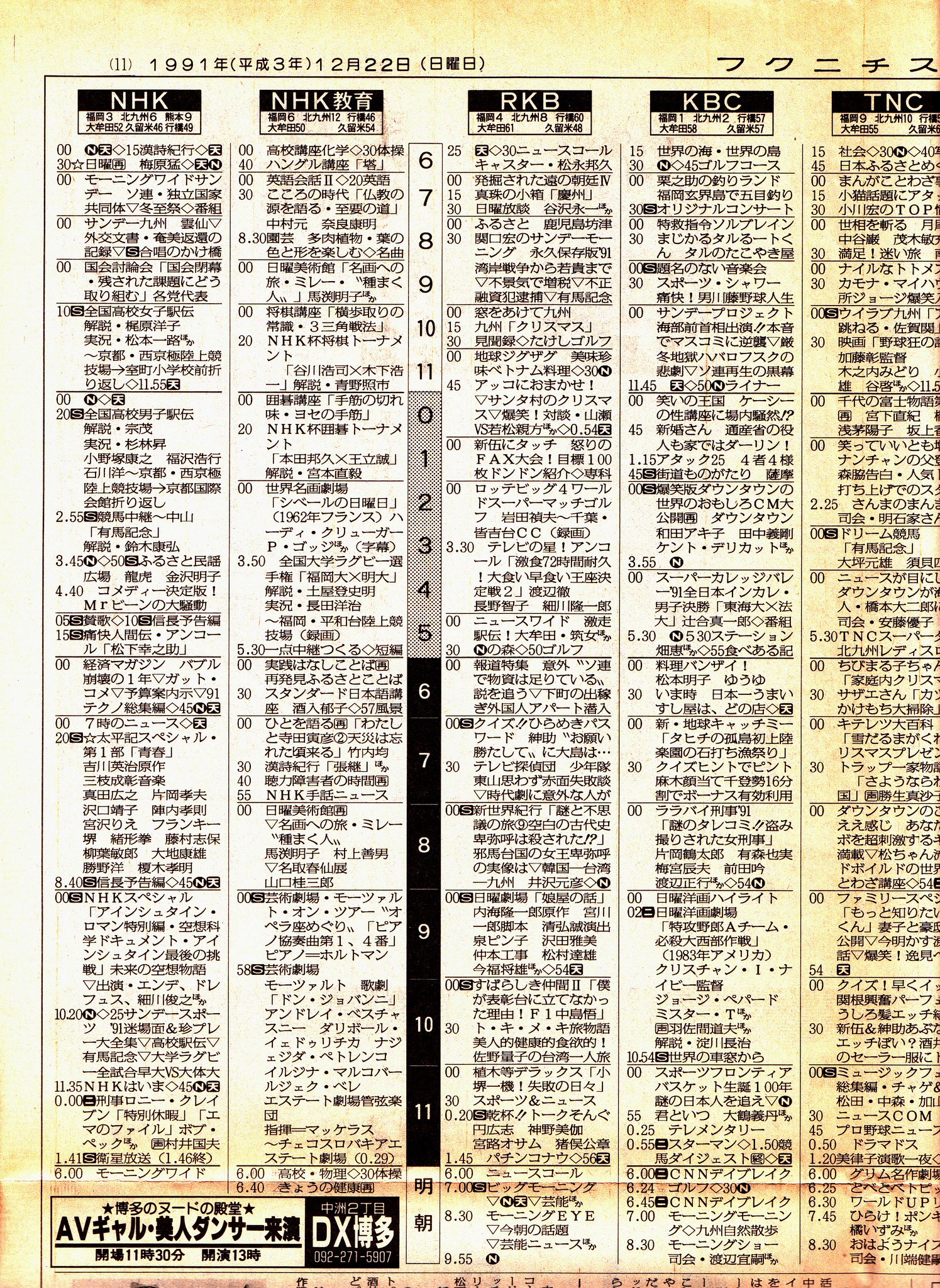 tvmaniaZERO on Twitter: "[2023/02/04のTweetを再掲]1991/12/22発行 #フクニチスポーツ (#フクスポ 1992/04/15休刊)ラテ欄。TVQ ...