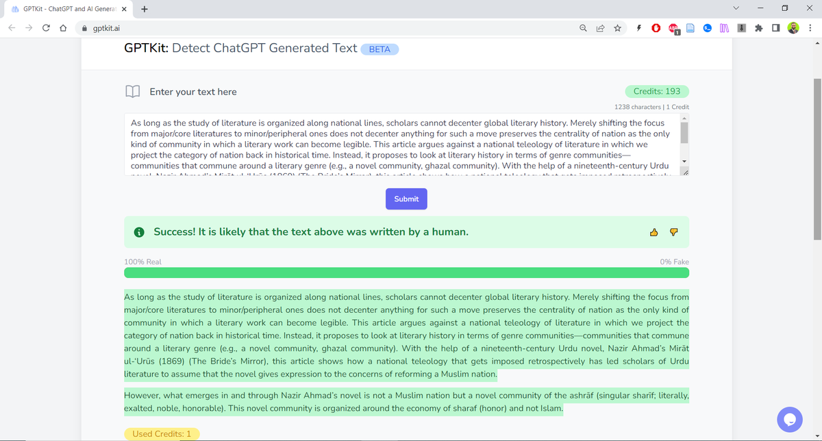 GPTKit(dot)ai is a brilliant tool to detect if a text is generated by ChatGPT or written by a ...