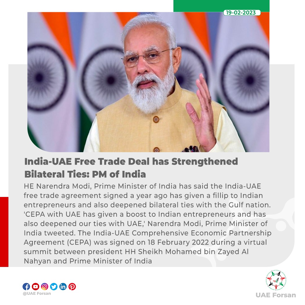 UAE Forsan on Twitter: "India-UAE Free Trade Deal has Strengthened Bilateral Ties: PM of India # ...