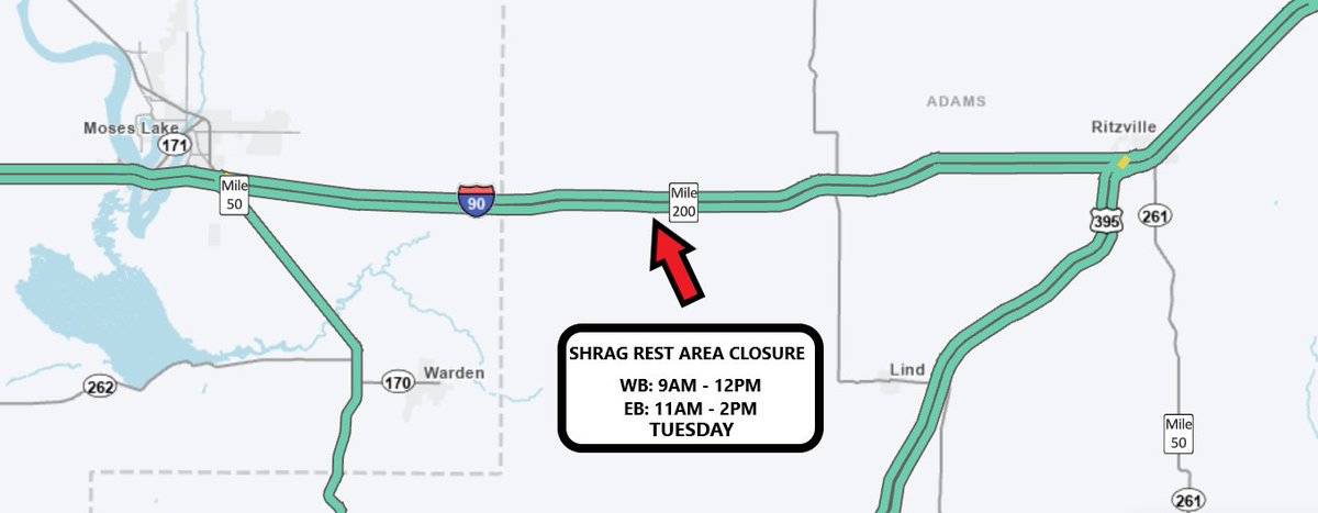 WSDOT East on Twitter: "Heads up drivers who plan on using I-90: The Shrag Rest Area will be ...