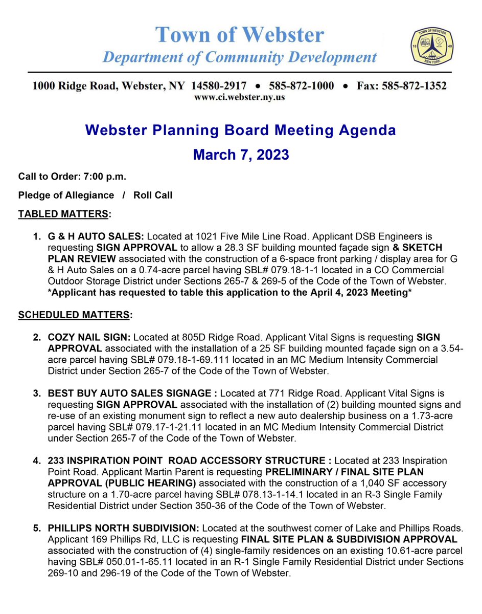 Webster, NY on Twitter: "Webster Planning Board Meeting Agenda for ...