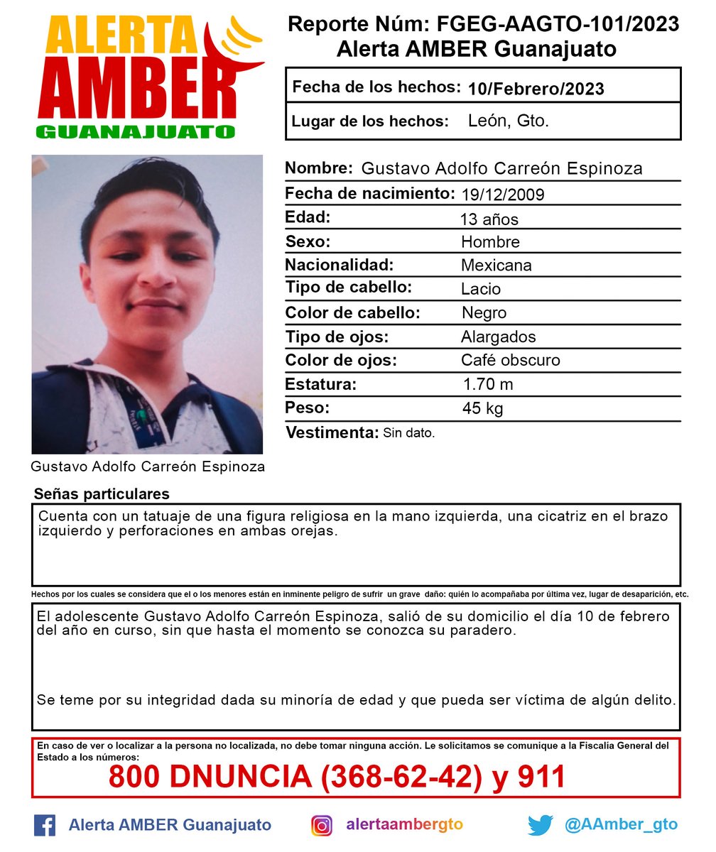 Alerta AMBER GTO. on Twitter: "Activación de la Alerta AMBER Guanajuato del adolescente Gustavo ...