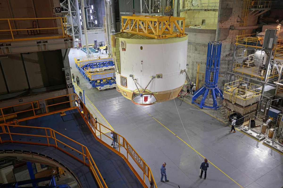 Getting ready for Artemis II! Teams at #NASAMichoud flipped the engine section of @NASA_SLS ...