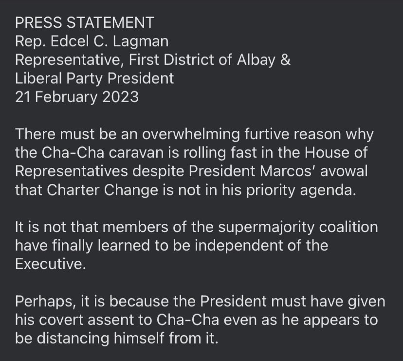 In a statement, Albay 1st District Rep. and Liberal Party president ...