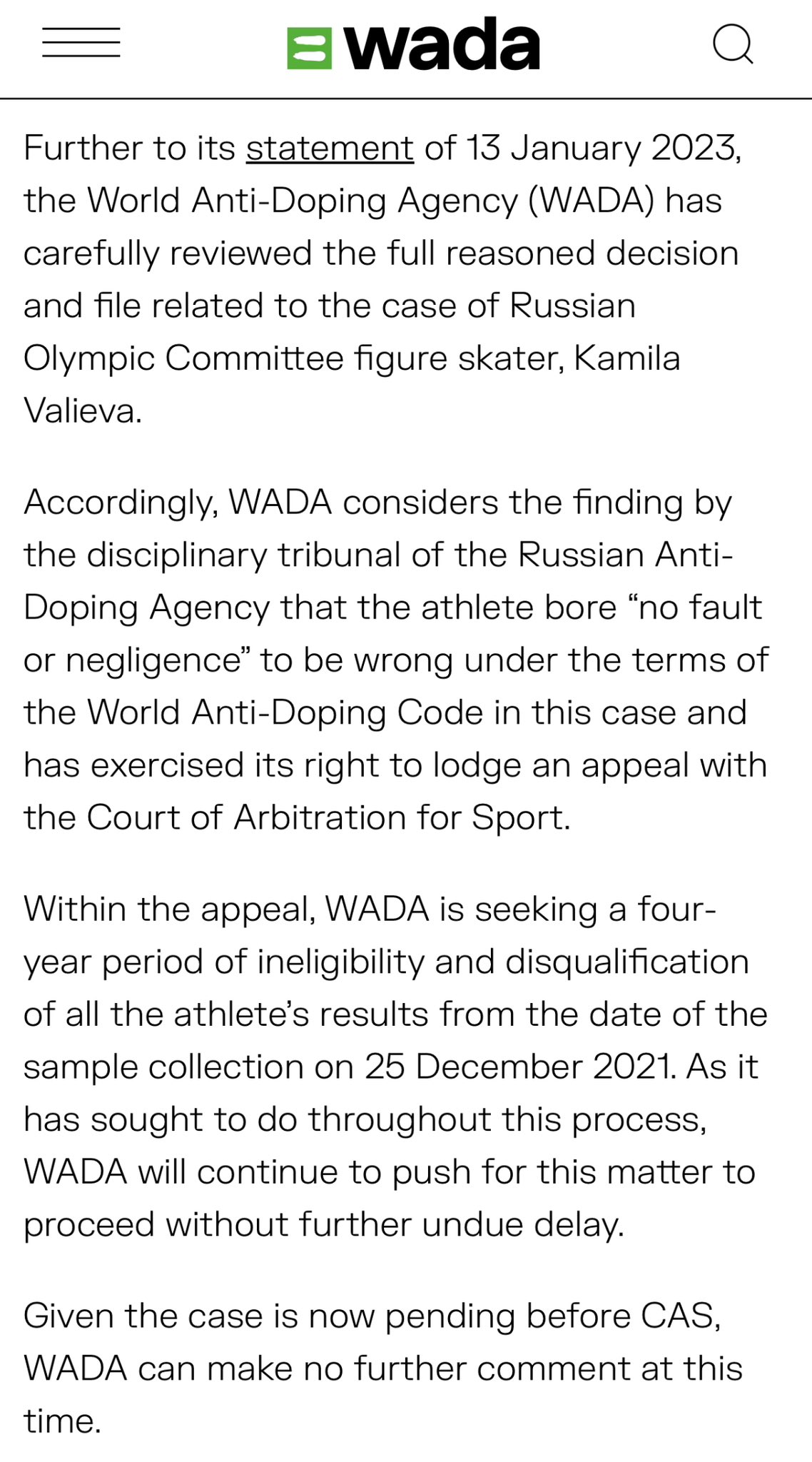Jackie Wong on Twitter: "WADA has appealed RUSADA’s findings “WADA considers the finding by ...