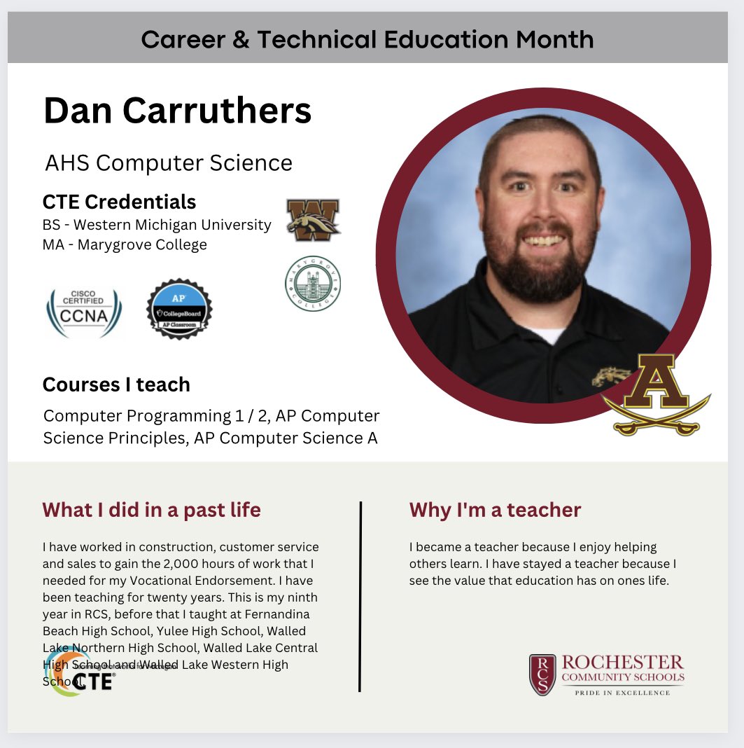 Rochester Schools on Twitter: "For CTE Month, we spotlight Dan Carruthers, computer science ...