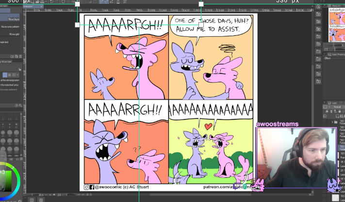 「Live now on https://t.co/scYEbgQ8Di, drawing an AWOO COMIC!!」AC Stuartの漫画