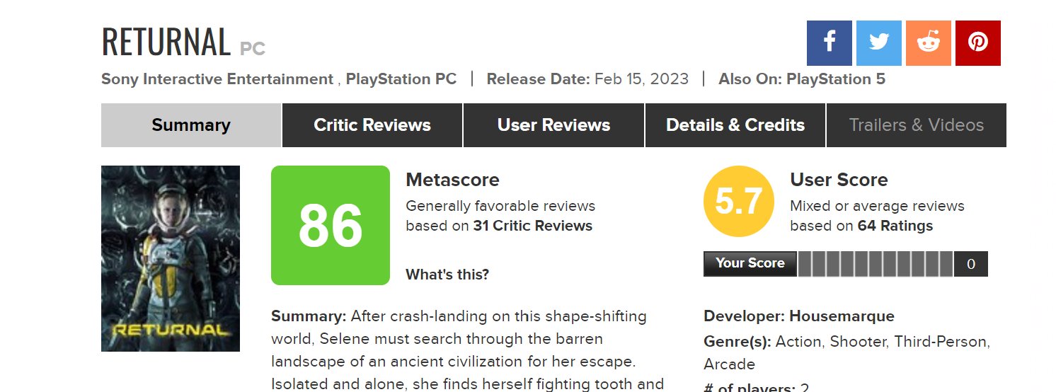 Pyo 5️⃣ on Twitter: "Returnal for PC is getting review bombed on Metacritic, seems PC players ...