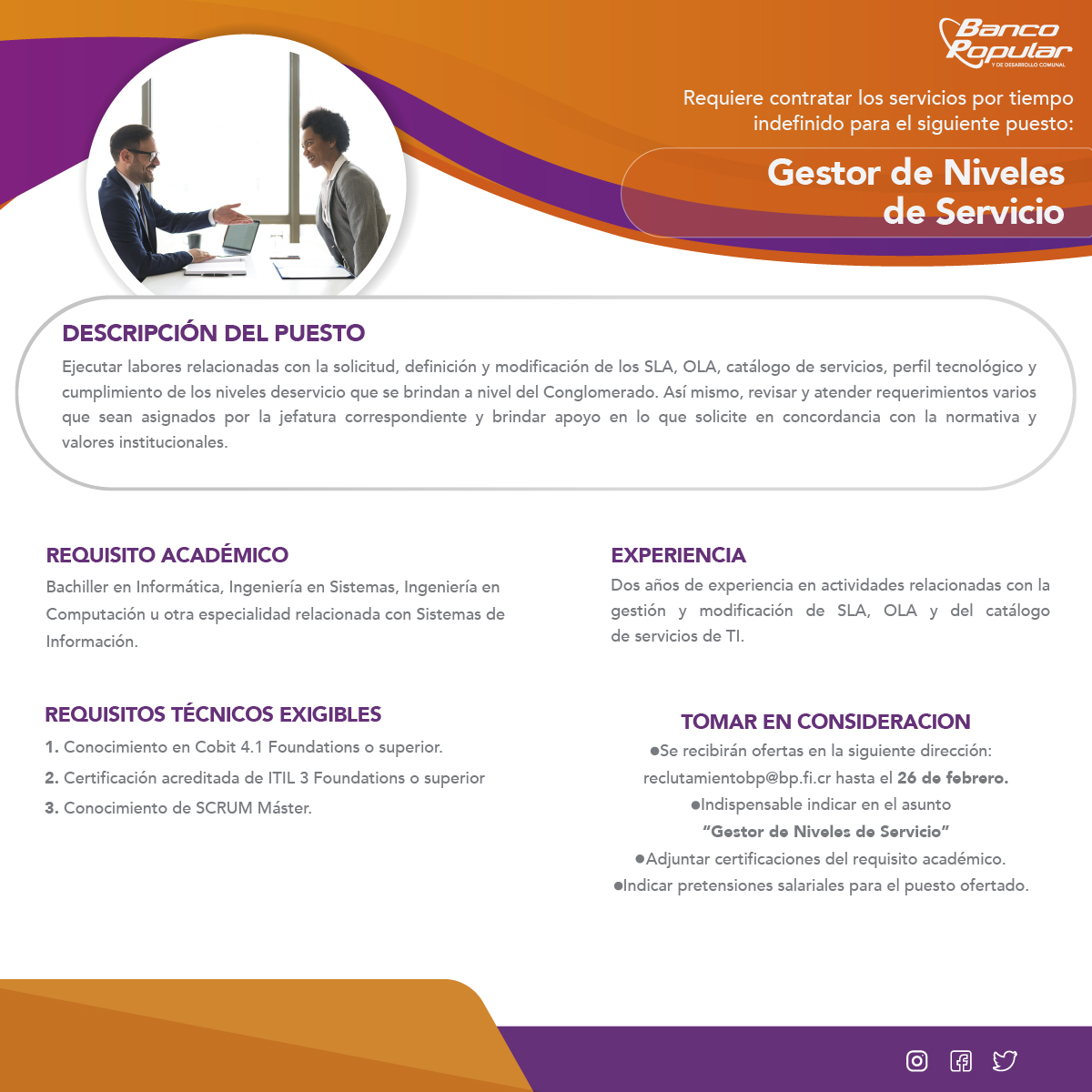 BancoPopularCR on Twitter: "Requerimos contratar los servicios para el puesto de Gestor de ...