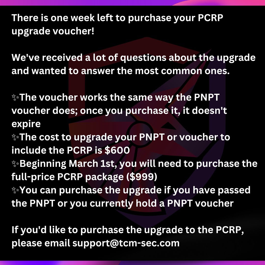 TCM Security on Twitter: "There is one week left to purchase your PCRP upgrade voucher! We've ...