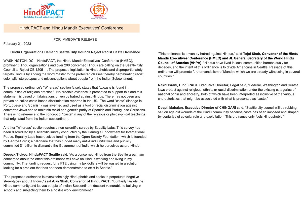 HinduPACT on Twitter: "@HinduPACT #PressRelease on @SeattleCouncil #SeattleVote #CasteOrdinance ...