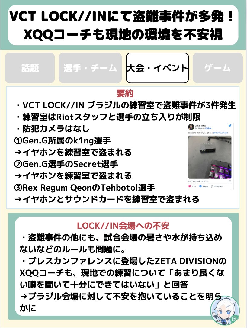 VALORANTまとめ by GameWith on Twitter: "【大会話題📢】 VCT LOCK//IN会場にて盗難事件が多発！XQQコーチも現地の環境を不安視 #VALORANT ...