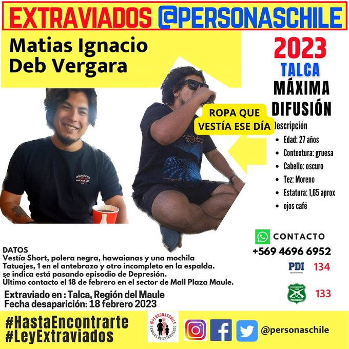 Maule Informa on Twitter: "🚨ALERTA ACTIVADA MAULE #TALCA🚨 Matias Ignacio Deb Vergara, 27 años ...